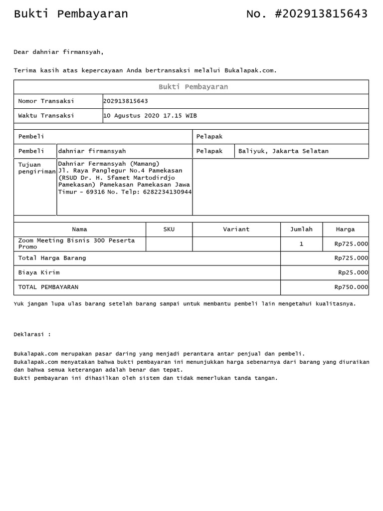 Bukti Pembayaran ZOOM | PDF