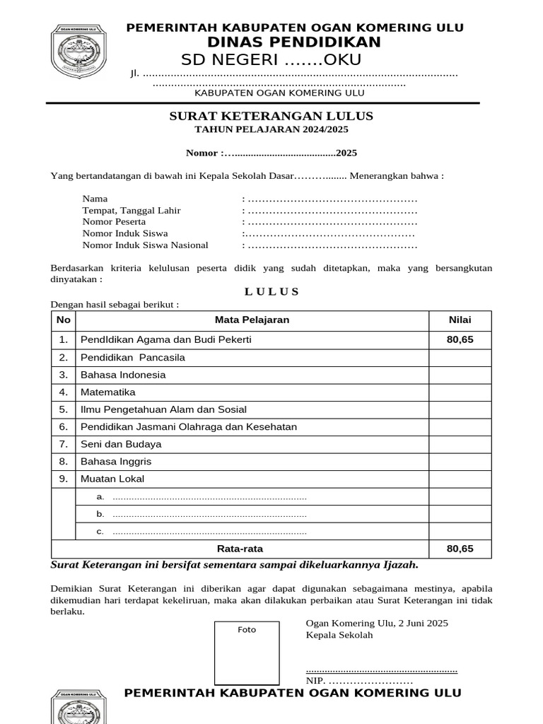 Surat Keterangan Lulus SD 2025 | PDF