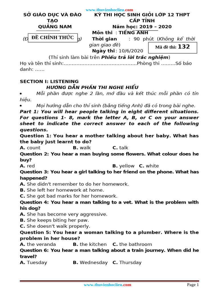 De Thi HSG Tieng Anh 12 Quang Nam 2020 | PDF | Oceans | Water