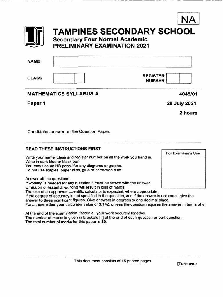 E-Math - Sec 4 NA - Prelims Exam Paper - 2021 - Tampines Sec | PDF ...