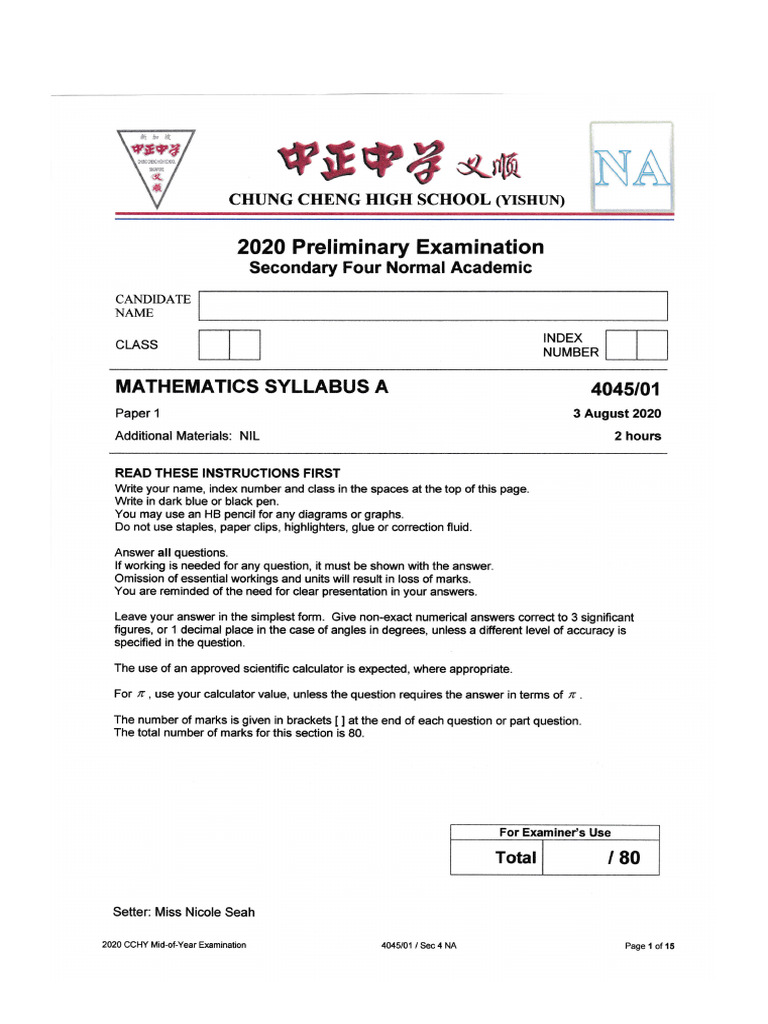Open Open E-Math - Sec 4 NA - Prelims Exam Paper - 2020 - Chung Cheng ...