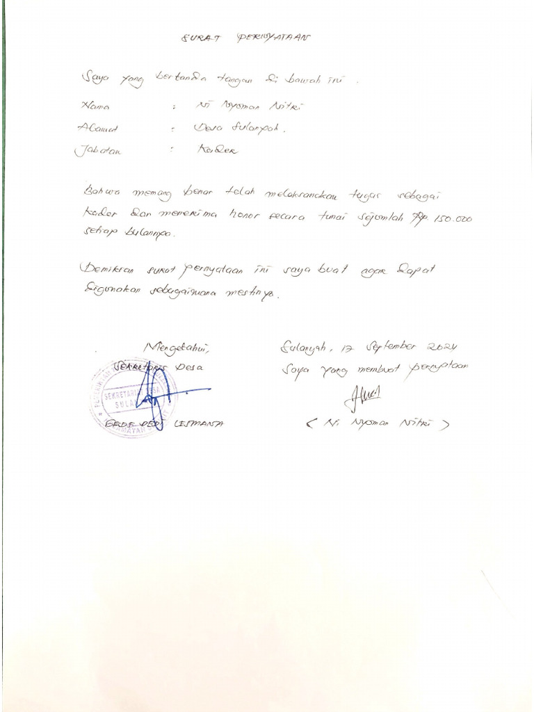 Surat Pernyataan Kader | PDF