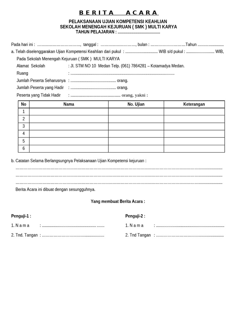 BERITA ACARA - PELAKSANAAN UJIAN Kompetensi | PDF
