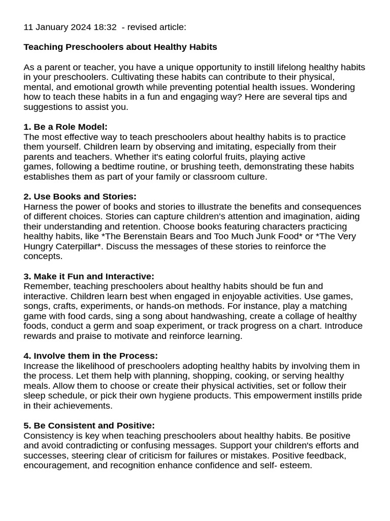 Teaching Pre-Schoolers Healthy Habits - Revised Article | PDF | Habits ...