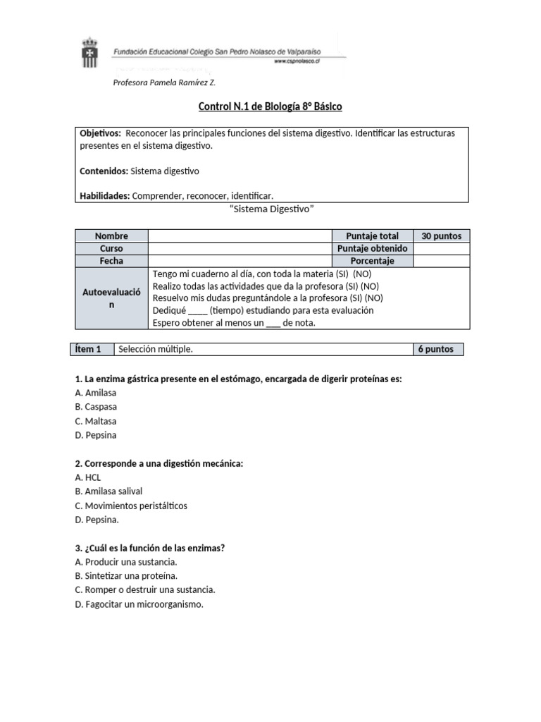 Control N.1 8°básico | PDF | Digestión | Sistema digestivo humano