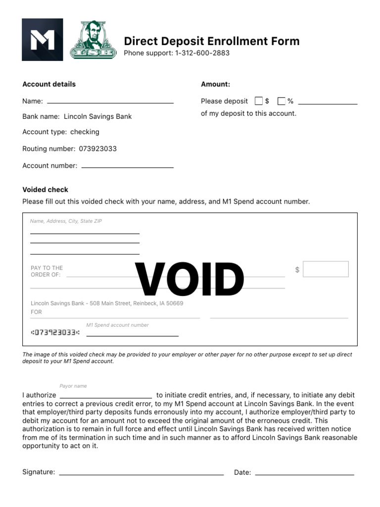M1 Spend Direct Deposit Enrollment Form | PDF