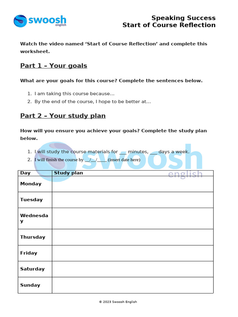 Speaking Course Start of Course Reflection Worksheet | PDF