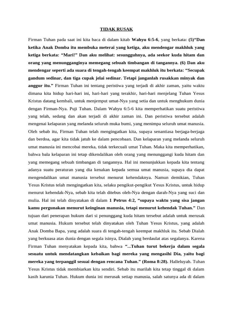 Firman Tuhan Pada Saat Ini Kita Baca Di Dalam Kitab Wahyu 6 | PDF
