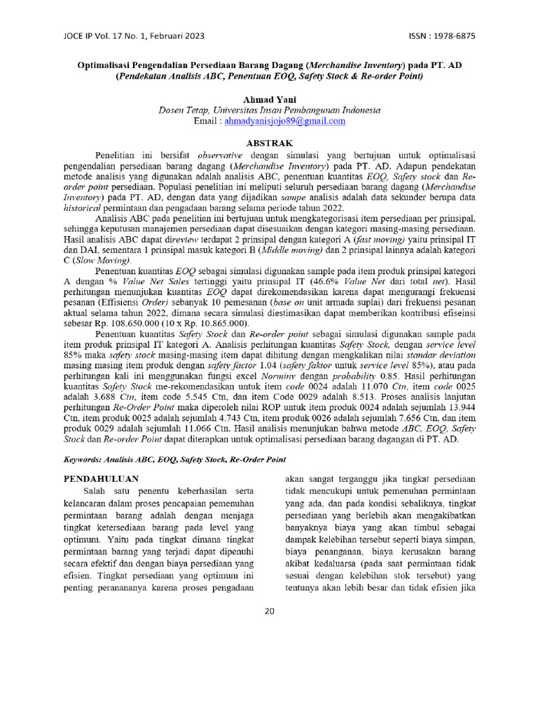Optimalisasi Pengendalian Persediaan Barang Dagang (Merchandise Inventory) pada PT. AD ...