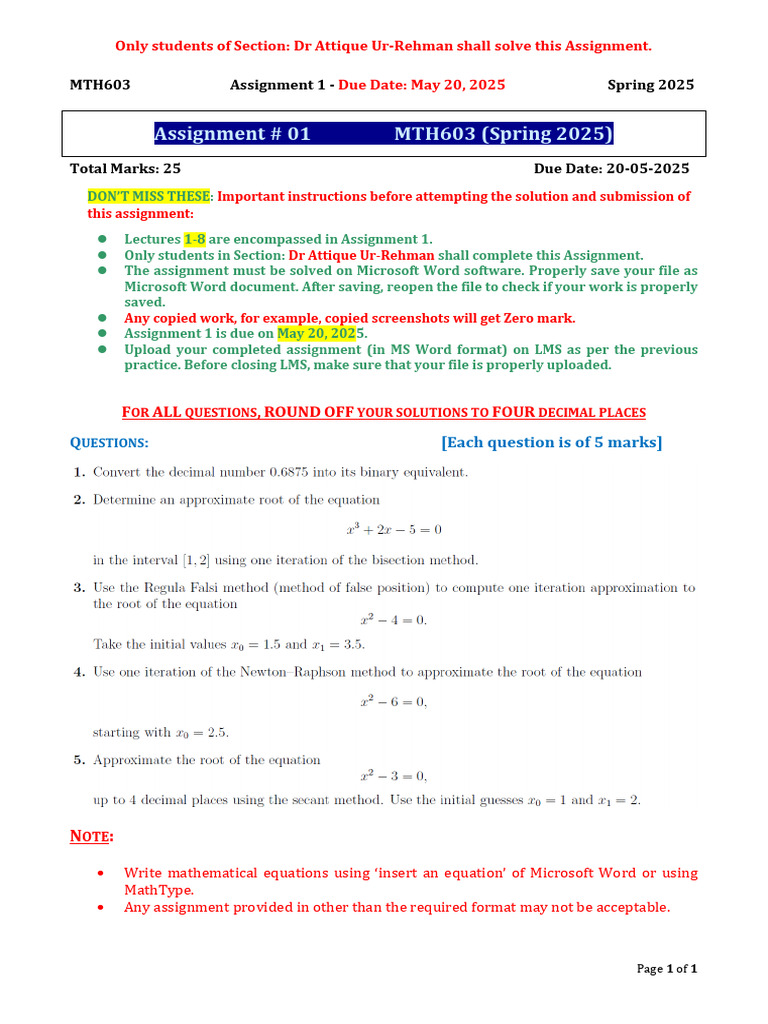 (Section Incharge - DR Attique Ur-Rehman) - MTH603 - Assignment 1 - Spring 2025 - Word Version | PDF