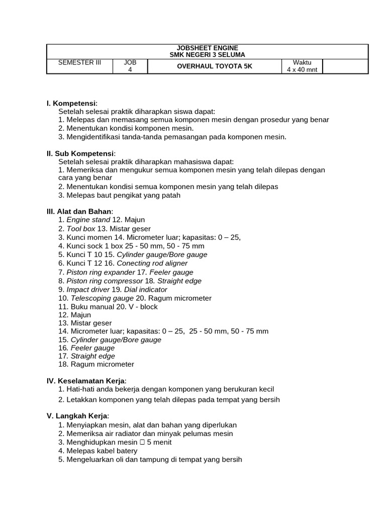 JOBSHEET ENGINE OVERHAUL XI TKR I | PDF
