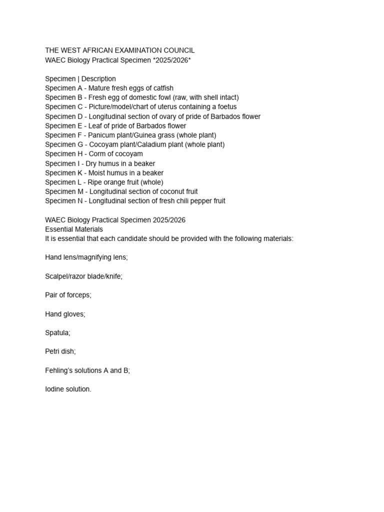 WAEC Biology Practical Specimens 2025/2026 | PDF
