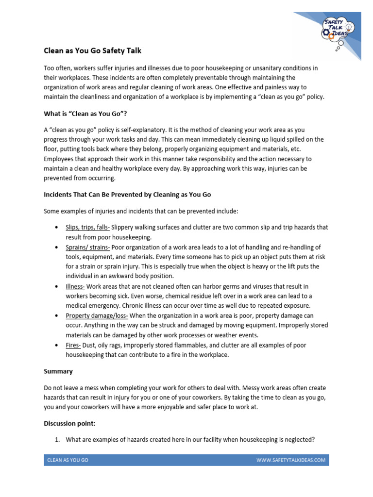 Clean as You Go Policy Overview | PDF | Housekeeping | Hazards