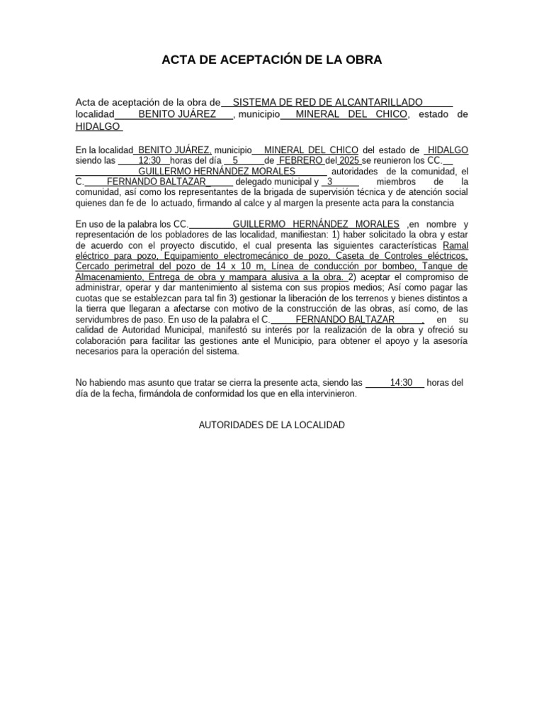 Acta de Aceptacion de Obra | PDF