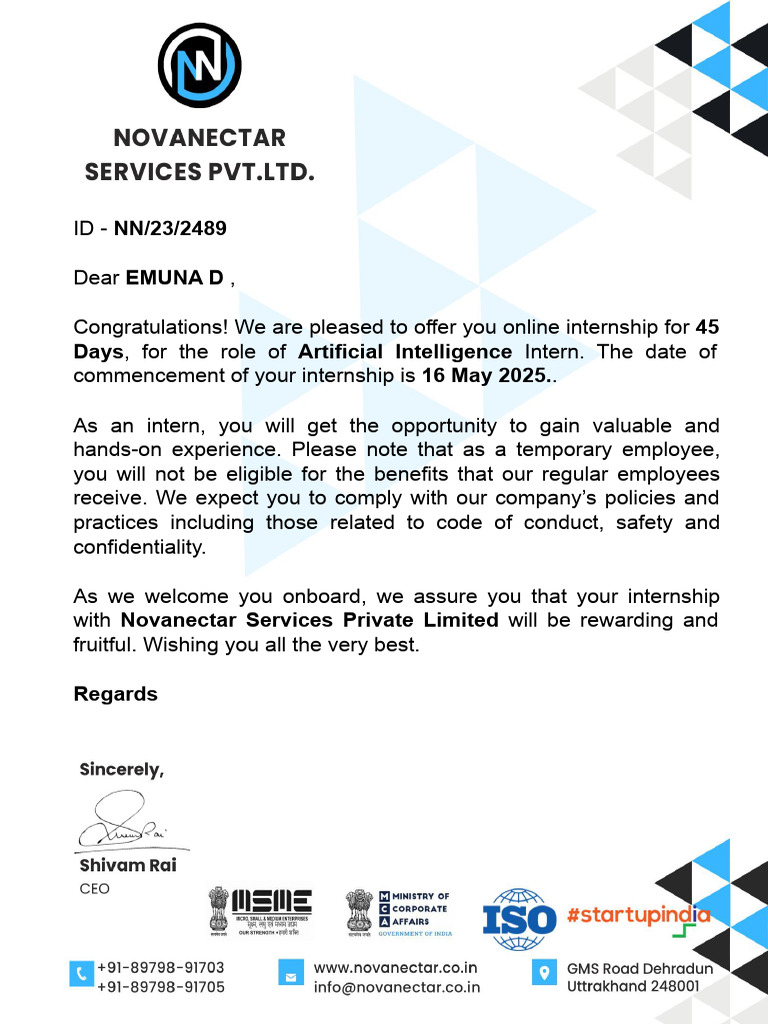 Artificial Intelligence Internship | PDF