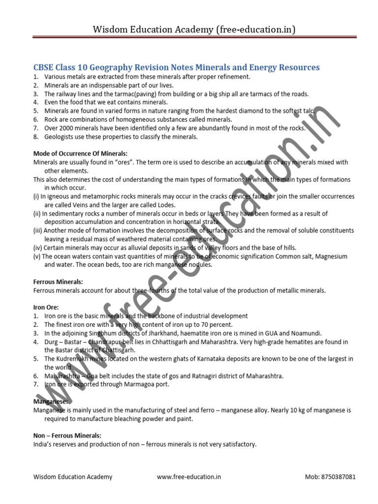 Class 10 Geography: Minerals & Energy Resources | PDF | Energy ...