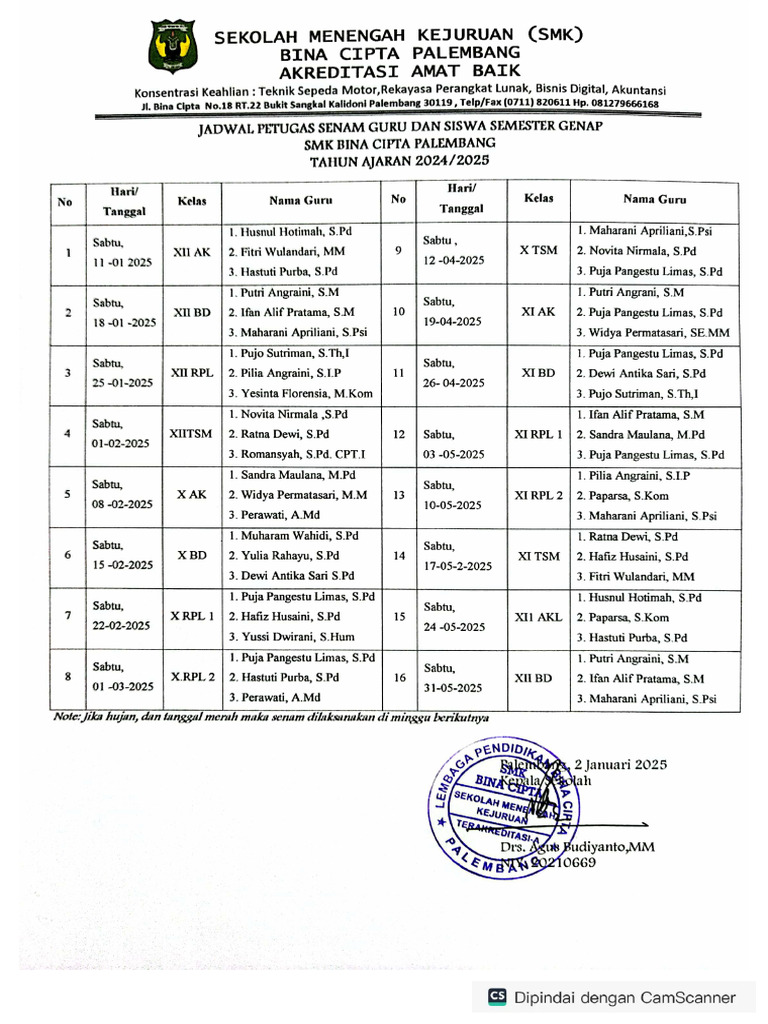 Jadwal Petugas Senam Guru & Siswa - Semester Genap 2025 | PDF