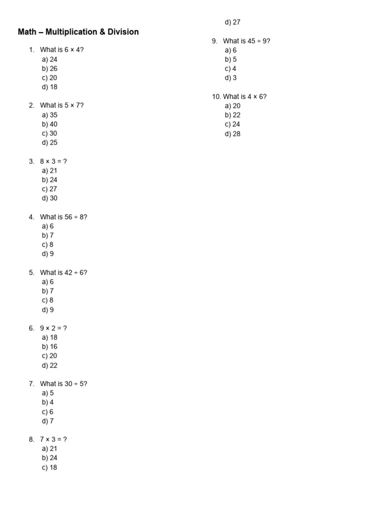 Primary 3 Math: Multiplication Quiz | PDF