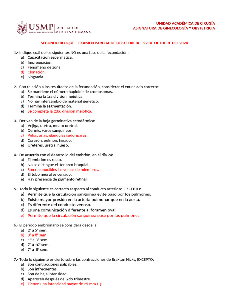EXAMEN PARCIAL OBSTETRICIA 22.10.24 (2° Rotació) | PDF | Parto | El ...