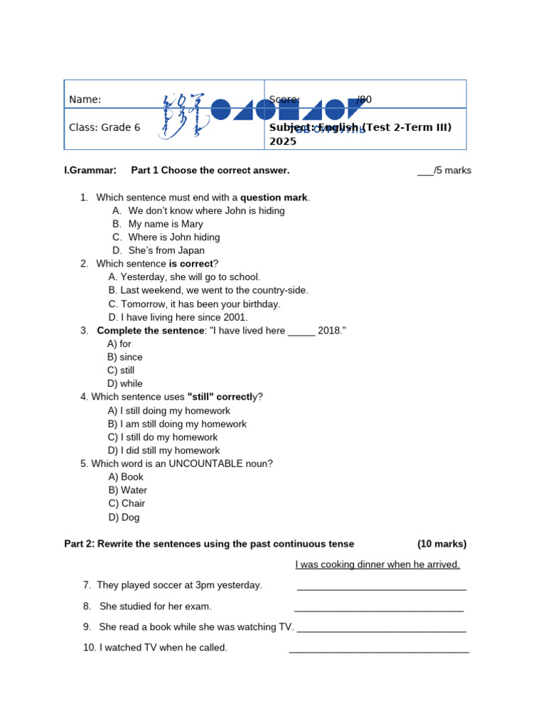 Grade 6 Term 3 English Test 2 - 2025 | PDF | Linguistic Morphology ...