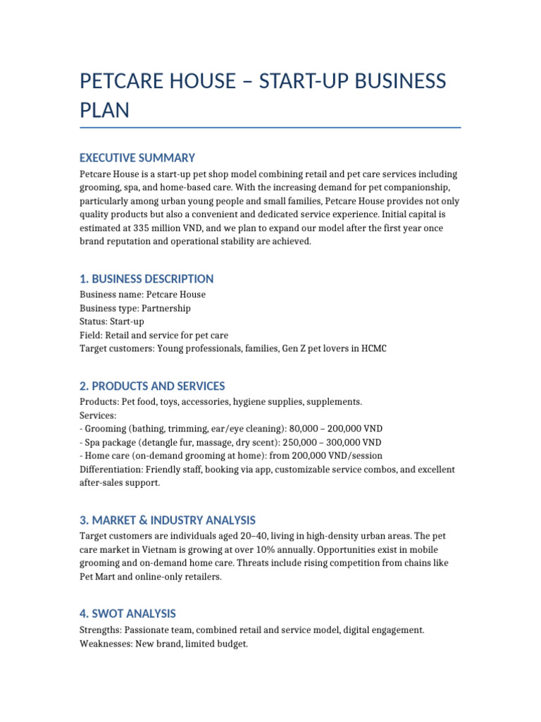Petcare House Business Plan | PDF | Economies | Business