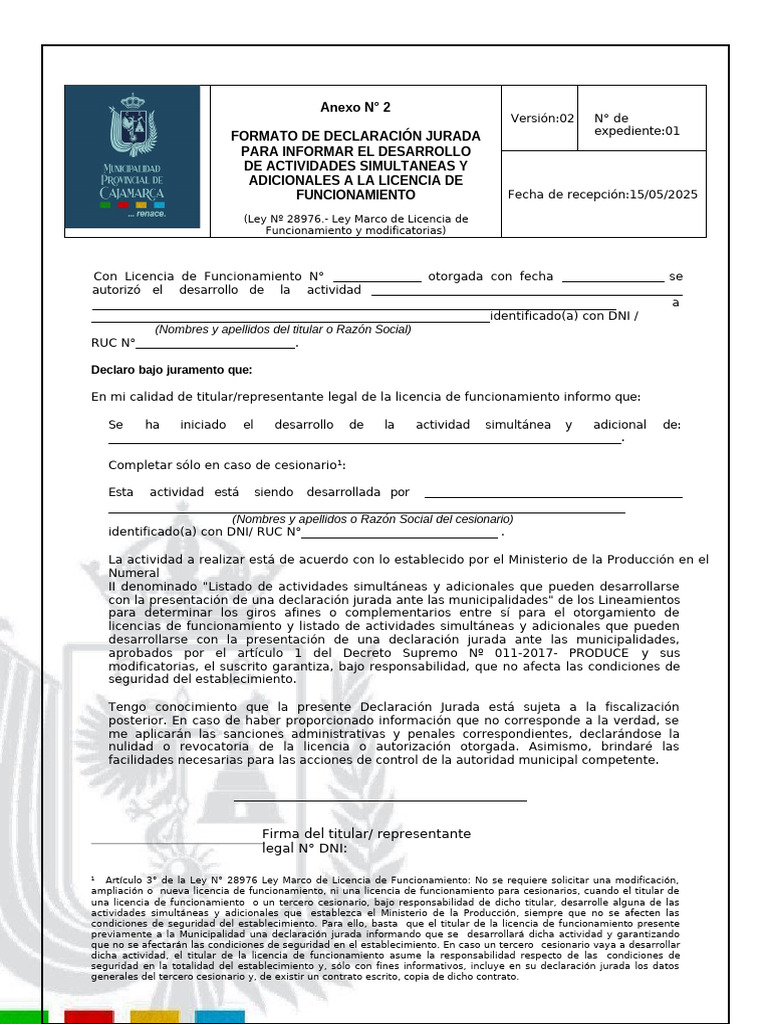 ANEXO02-DJpara Informar El Desarrollo de Actividades Simultaneas y Adicionales A La Licencia de ...