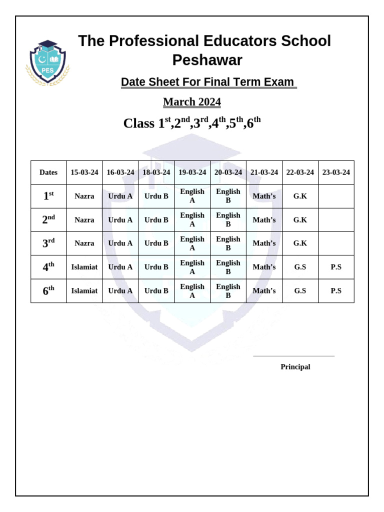 1st, 2nd, 3rd, 4th, 5th, 6th Date Sheet 2024 | PDF