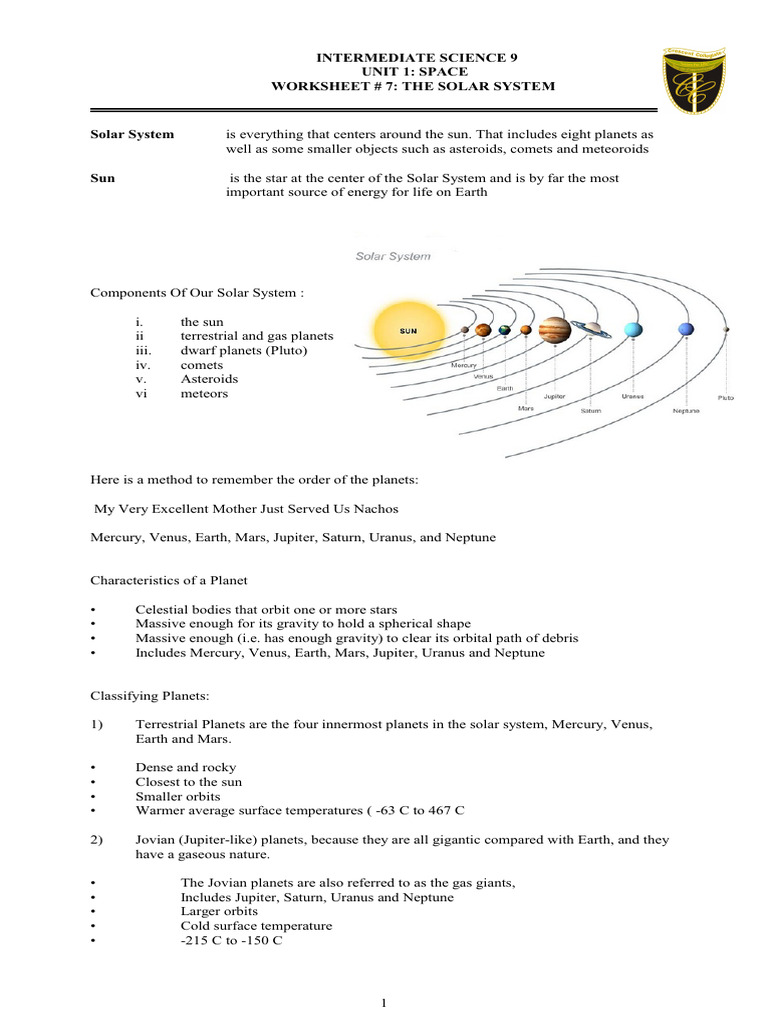 Science 9 Unit 1 Space Worksheet 7 Solar System 2015 - 2016 | PDF ...