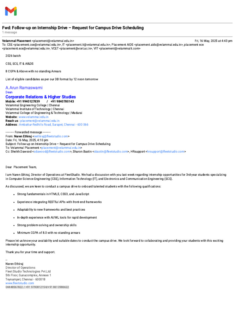 Gmail - FWD - Follow-Up On Internship Drive - Request For Campus Drive Scheduling | PDF | Computing
