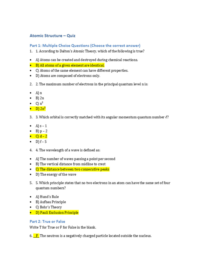 Atomic Structure QuizSSSSS | PDF