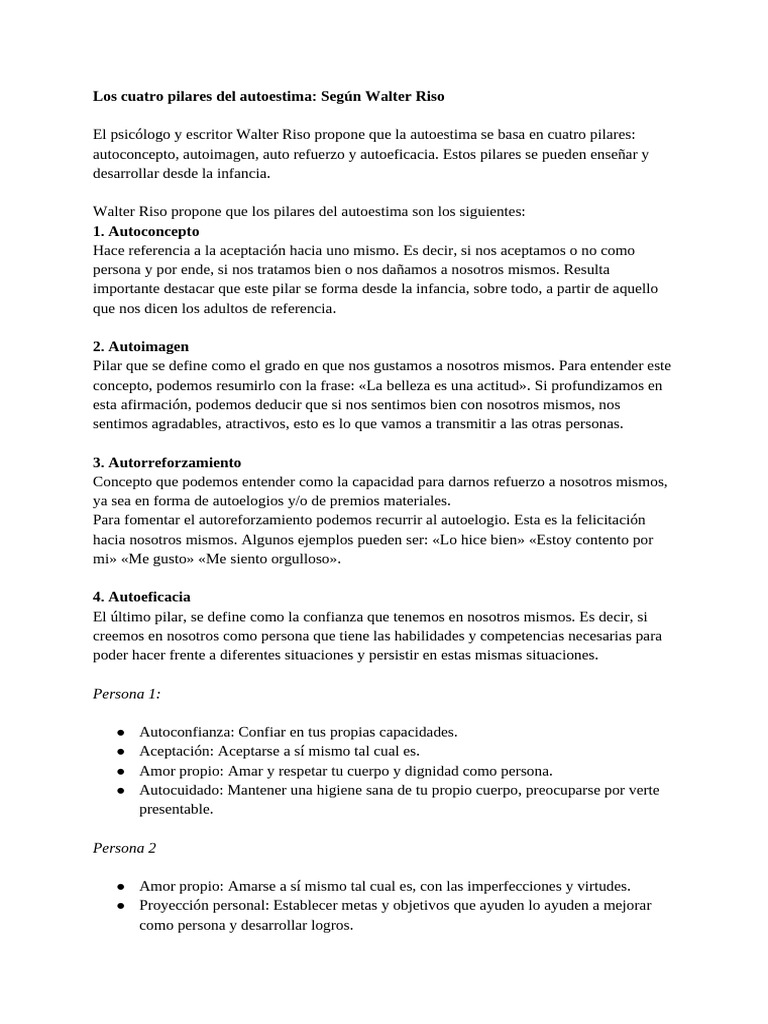 Los Cuatro Pilares Del Autoestima - Según Walter Riso | PDF ...