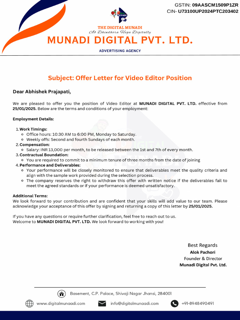 Offer Letter For Video Editor Position PDF | PDF