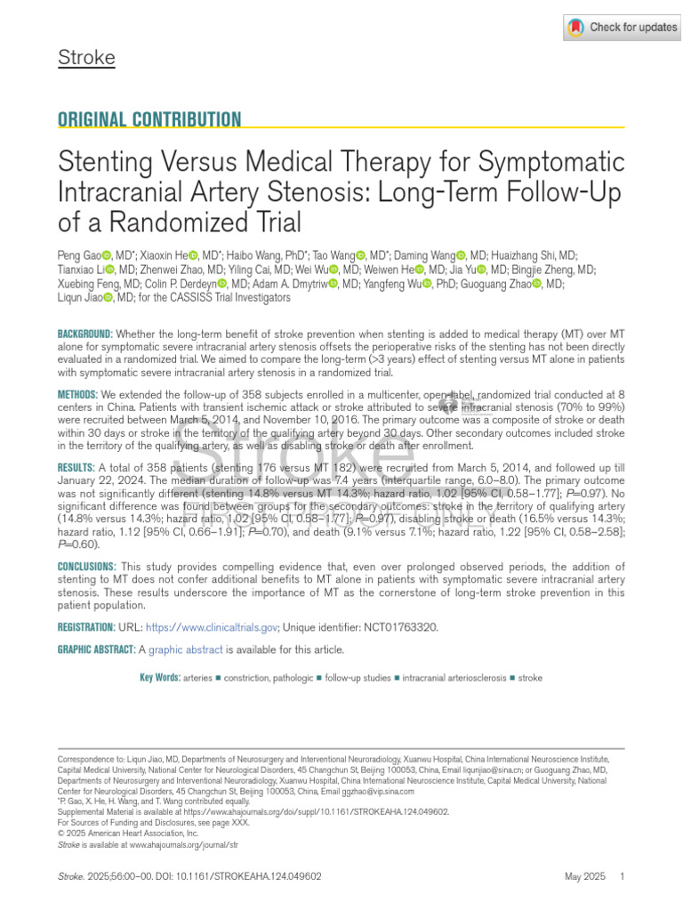 Stenting Versus Medical Therapy For Symptomatic Intracranial Artery ...
