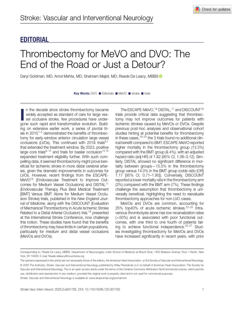 2025 Goldman - Thrombectomy For MeVO and DVO | PDF | Stroke | Interventional Radiology