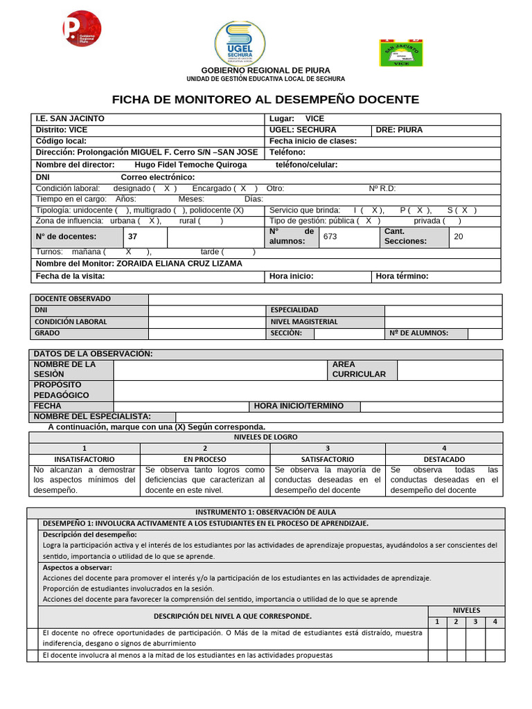 Ficha de Monitoreo Al Desempeño Docente 2025 | PDF | Maestros | Creatividad
