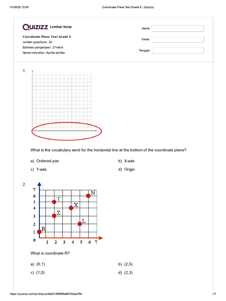 Coordinate Plane Test Grade 5 - Quizizz | PDF | Cartesian Coordinate ...