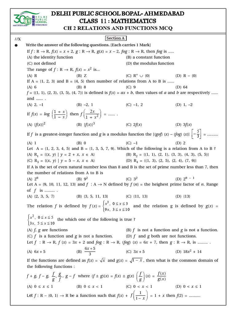 MCQS CH 2 Relations and Functions 2025 | PDF | Arithmetic | Complex Analysis