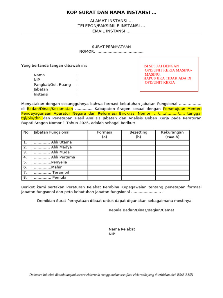 Surat Pernyataan Formasi Jabatan Fungsional | PDF