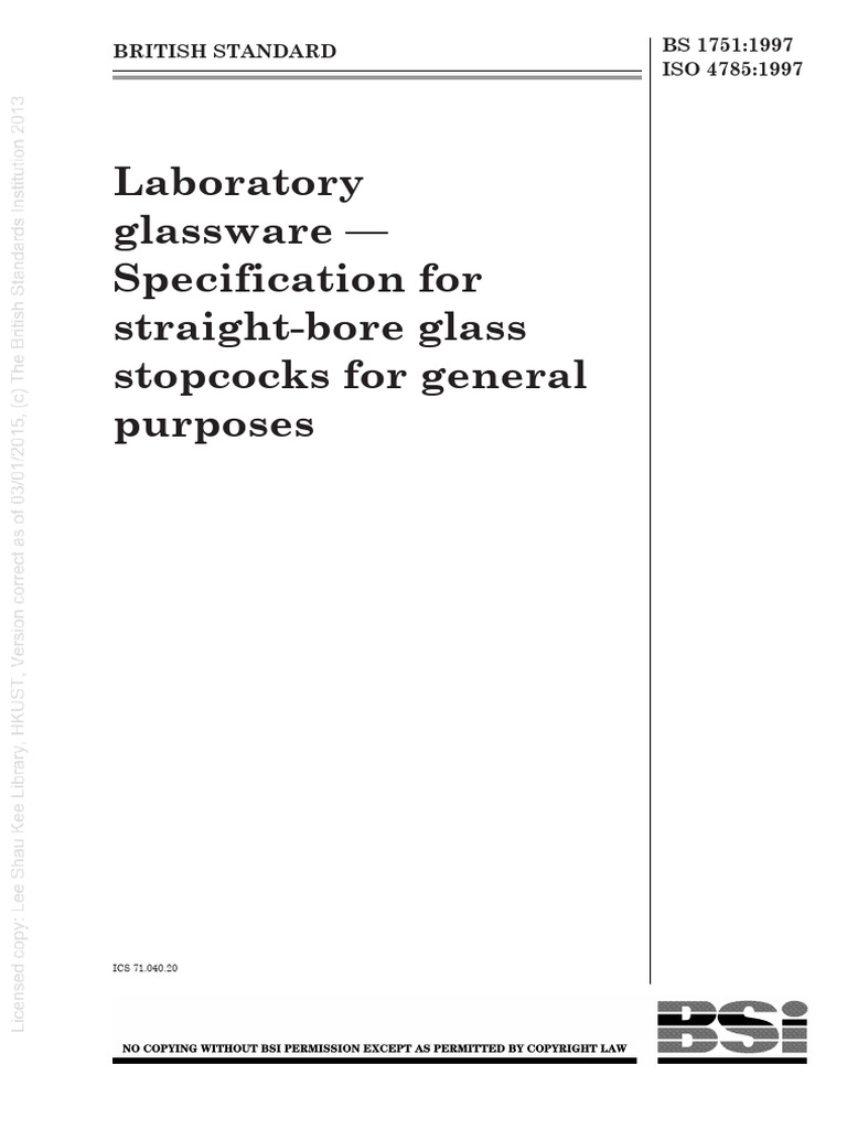 Laboratory Glassware - Specification For Straight-Bore Glass Stopcocks ...