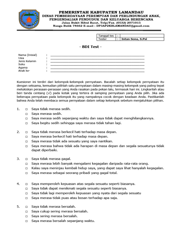 Skala BDI untuk Penilaian Depresi | PDF
