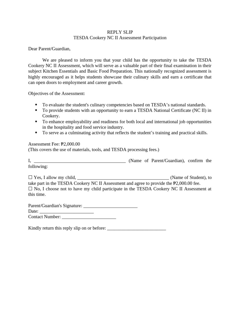 Reply Slip Tesda | PDF