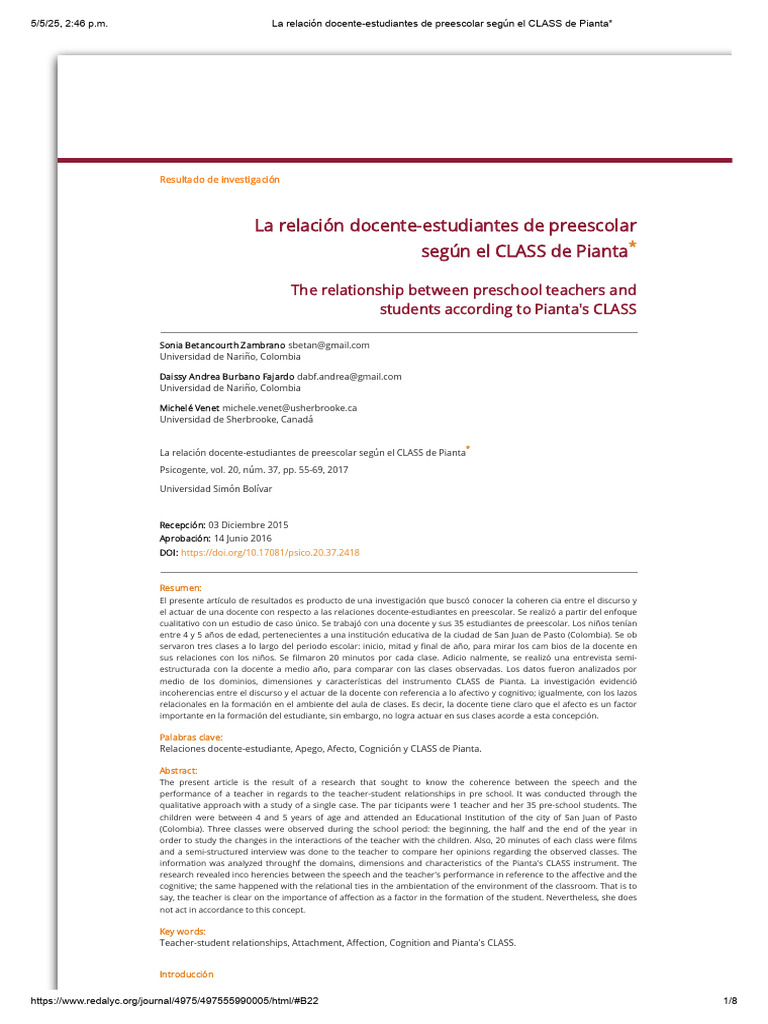 ARTICULO La Relación Docente-Estudiantes de Preescolar Según El CLASS ...