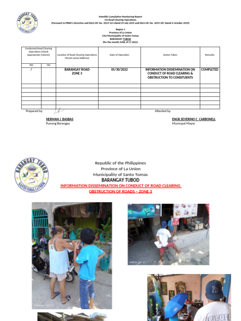 June 2022 Road Clearing Report - Tubod | PDF