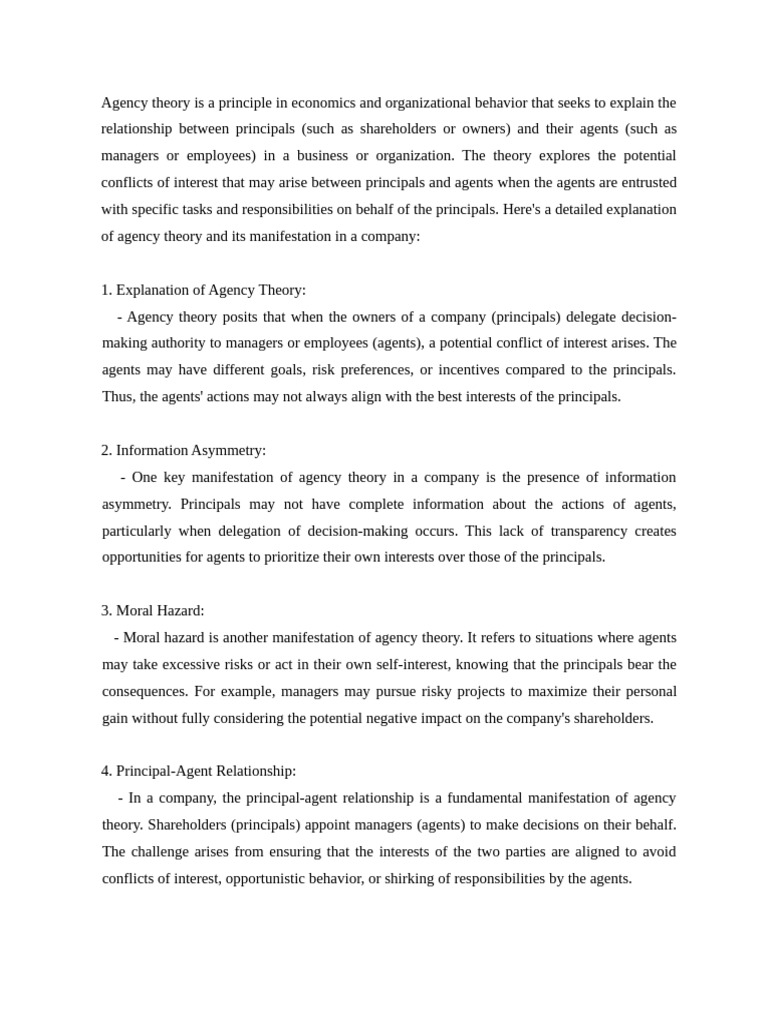 Agency Theory Assignment (A) and (B) For Further Polishing and Ref. | PDF | Moral Hazard | Incentive
