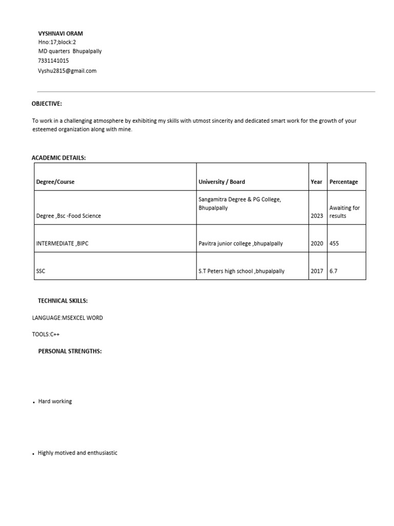 Resume of Vyshnavi Oram - BSc Food Science | PDF