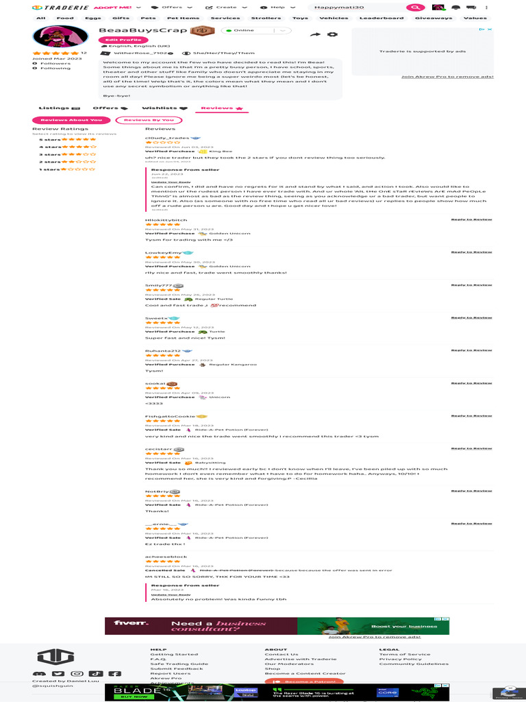 BeaaBuysCrap's Profile Roblox Adopt Me Traderie 2 | PDF
