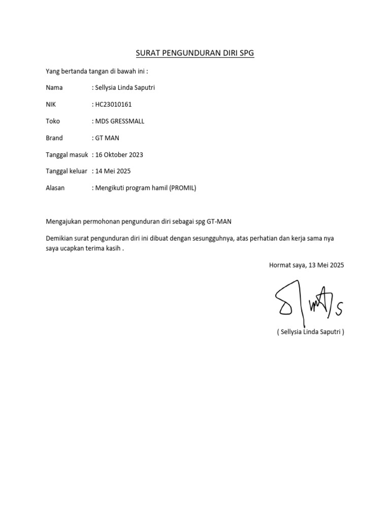 Surat Pengunduran Diri SPG | PDF