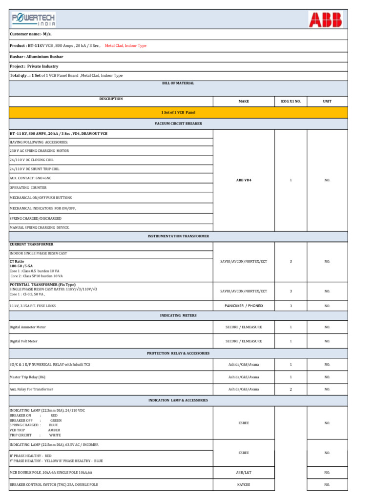 Bom-11kv Abb Indoor Type | PDF | Transformer | Relay