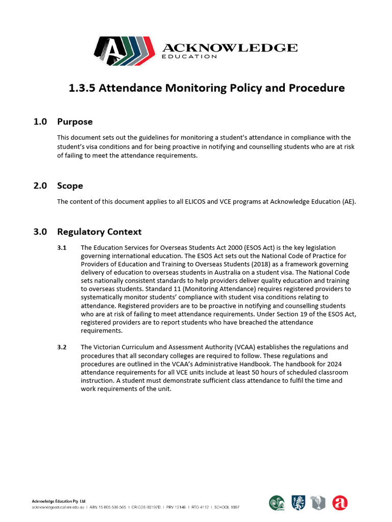 Attendance Monitoring Policy for ELICOS | PDF | Regulatory Compliance