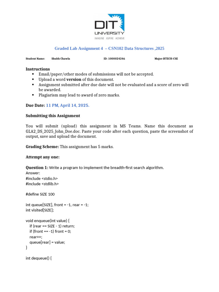 GLA4 DF 2025 Shubh Chawla 1 | PDF | Queue (Abstract Data Type) | Algorithms